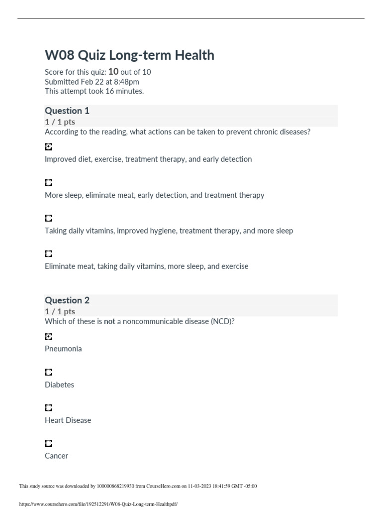 W08 Quiz Long Term Health PDF | PDF | Health Sciences | Public Health
