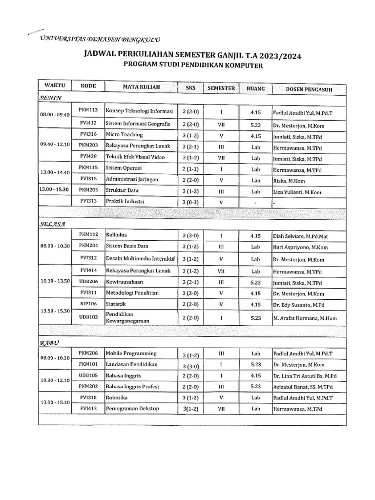 Jadwal Perkuliahan | PDF
