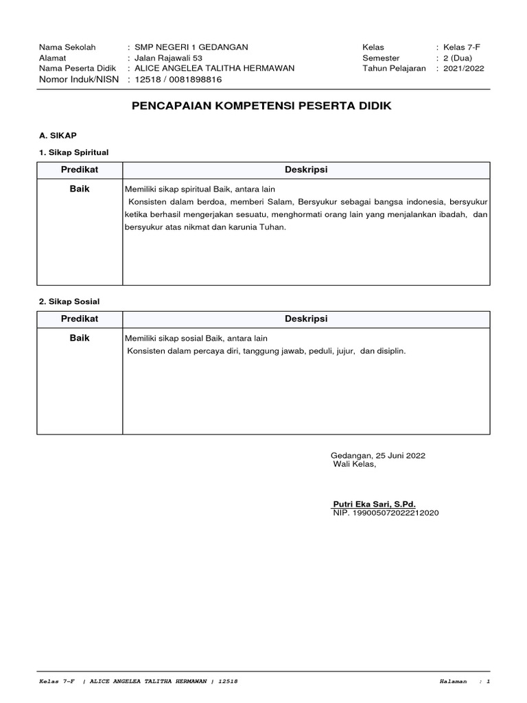 Rapor - ALICE ANGELEA TALITHA HERMAWAN - 20212 | PDF