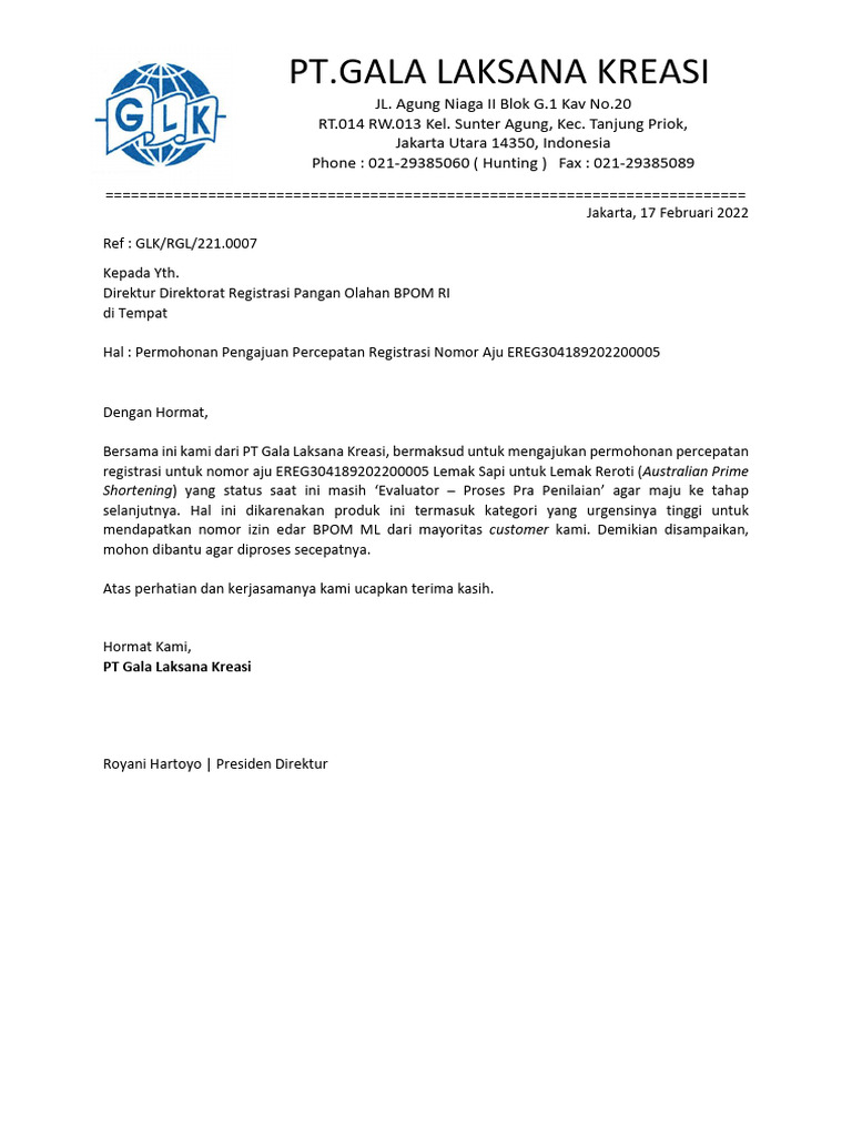 GLK-RGL-221.0007 Surat Permohonan Percepatan EREG304189202200005 | PDF