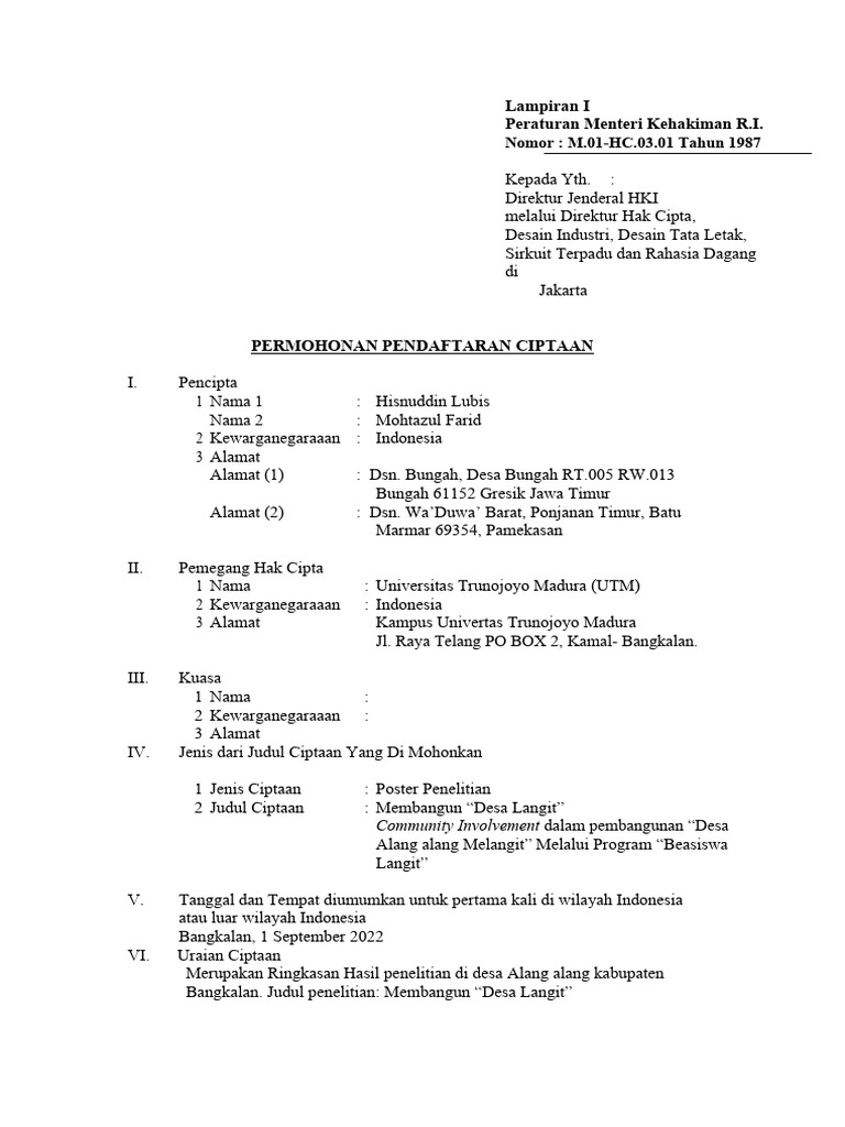 Contoh FORMULIR PENGAJUAN Hak Cipta | PDF