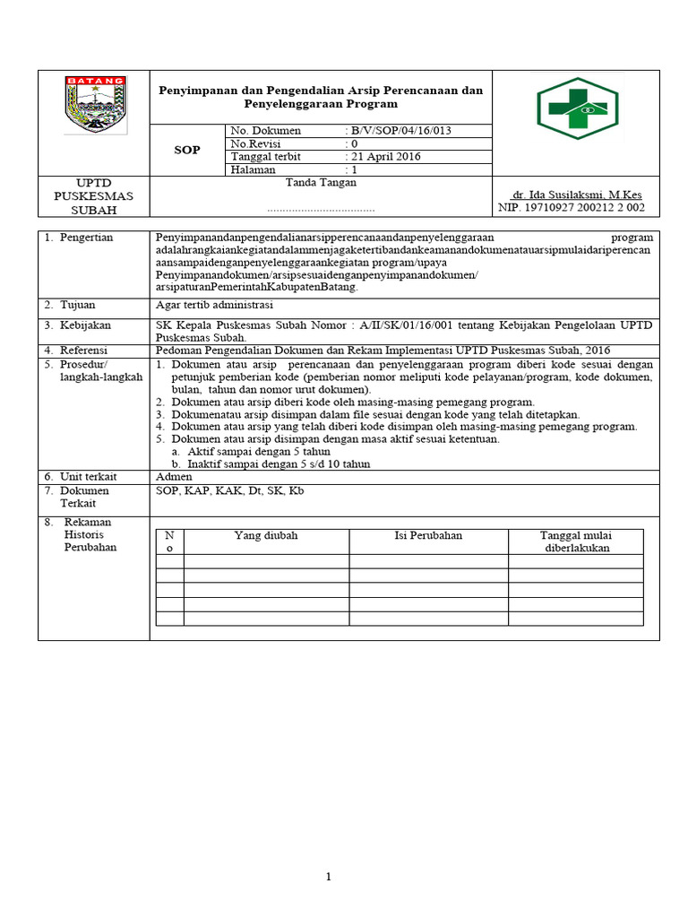 SOP Pengelolaan Arsip Puskesmas | PDF