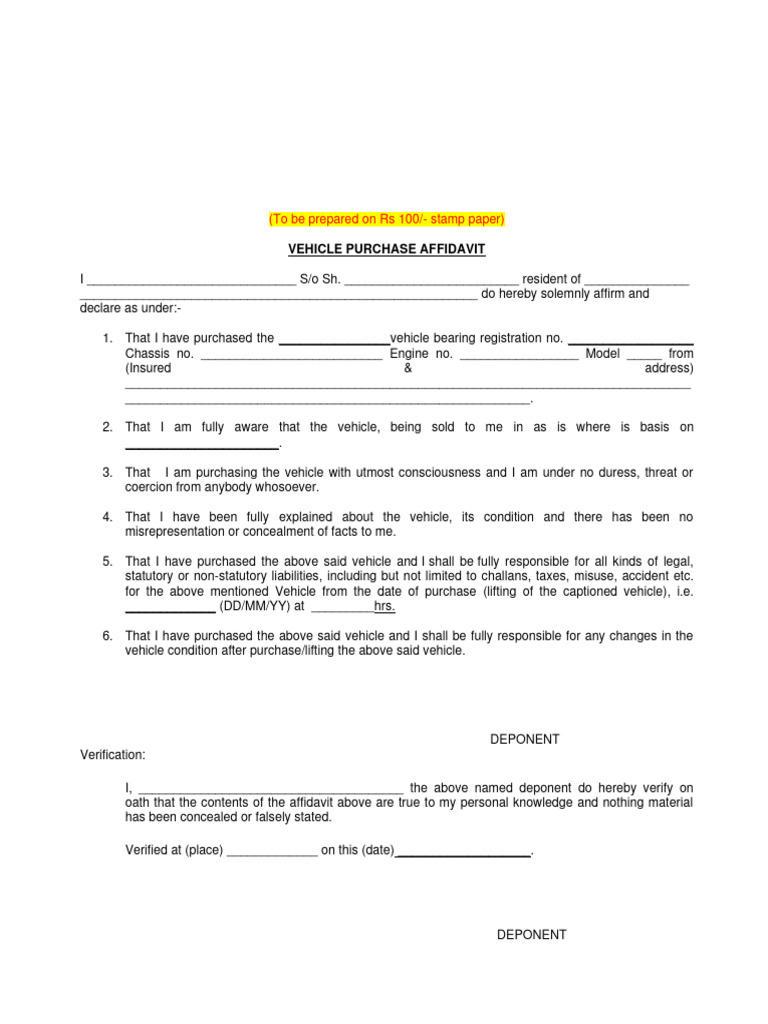 Vehicle Purchase Affidavit Template | PDF