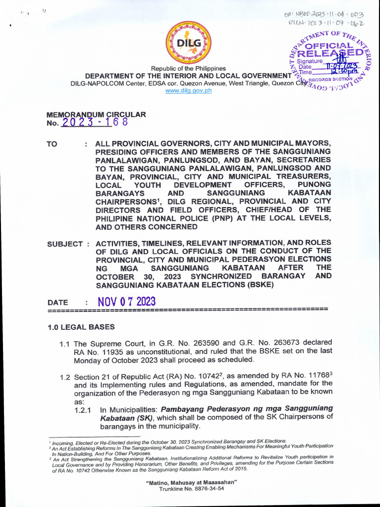 DILG Memorandum Circular No. 2023-168 Dated November 7, 2023 Re Roles ...