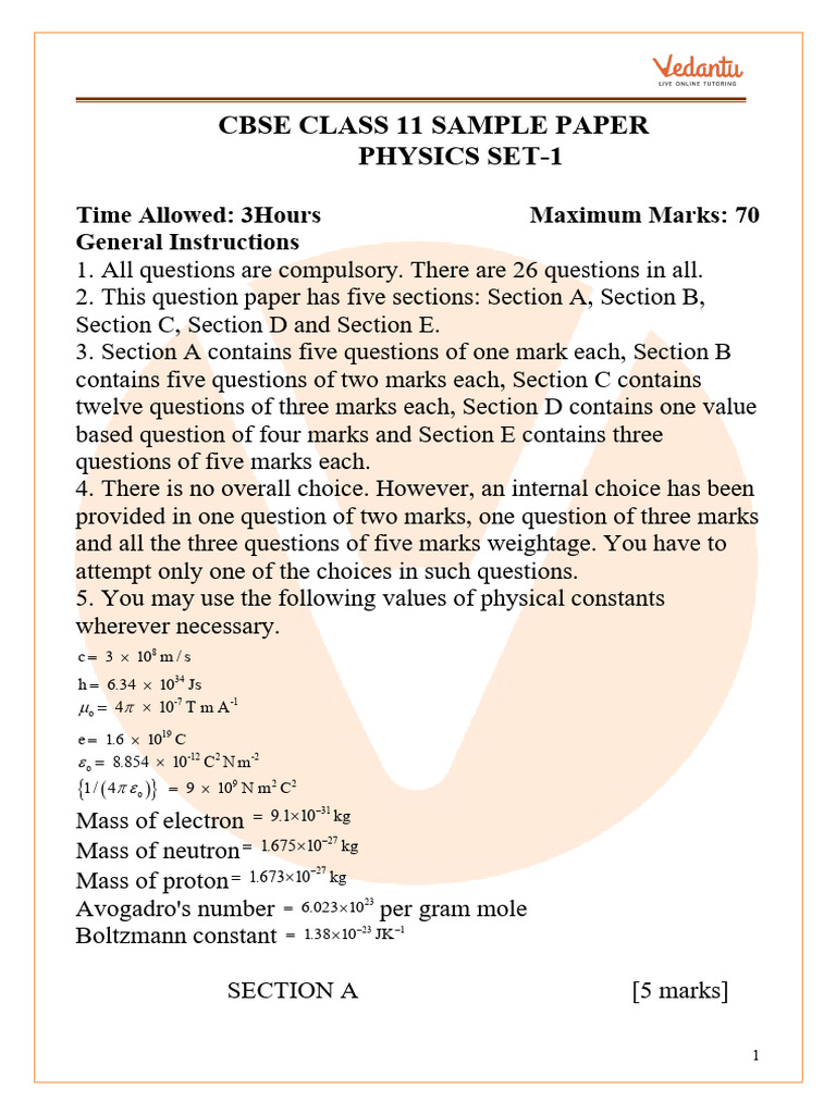 CBSE Sample Paper For Class 11 Physics Mock Paper 1 With Solutions | PDF | Force | Waves
