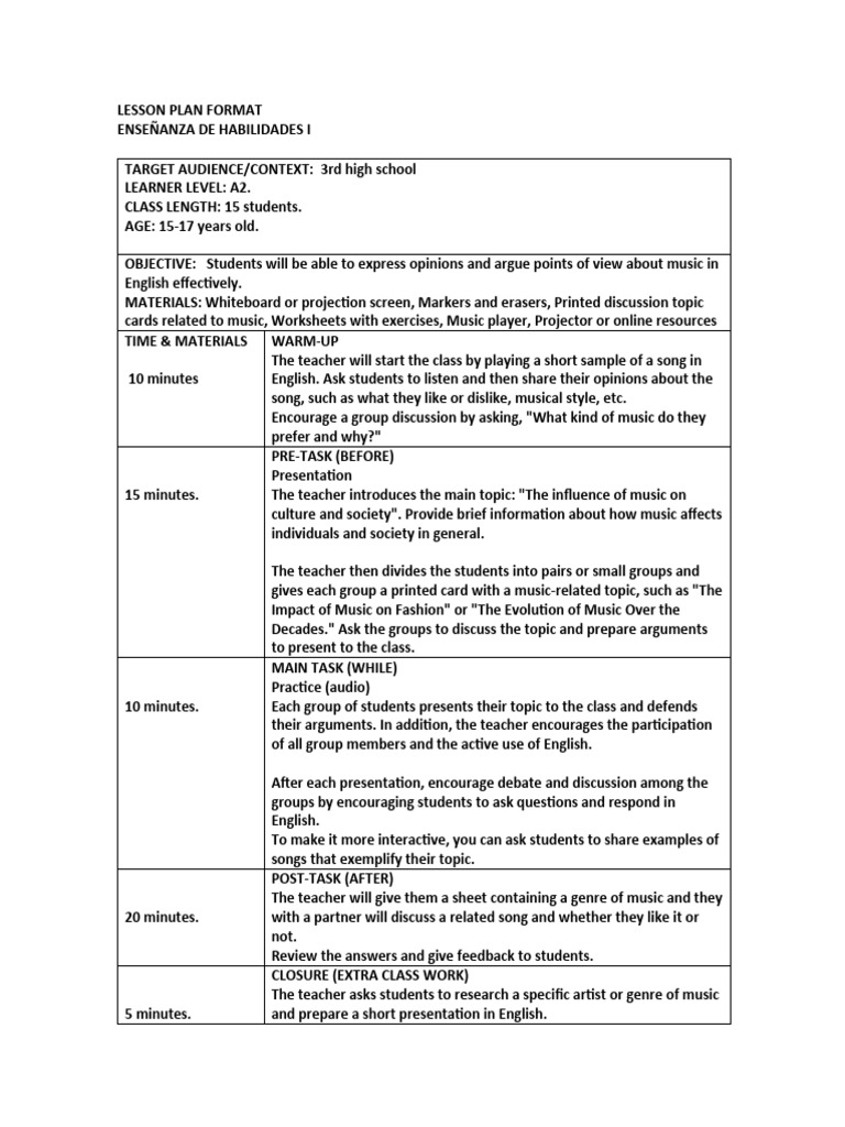 Music Discussion Lesson Plan for A2 Students | PDF | Lesson Plan ...