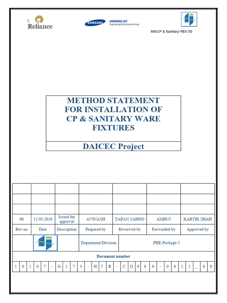 Sanitary Fixtures Method Statement | PDF | Countertop | Specification (Technical Standard)