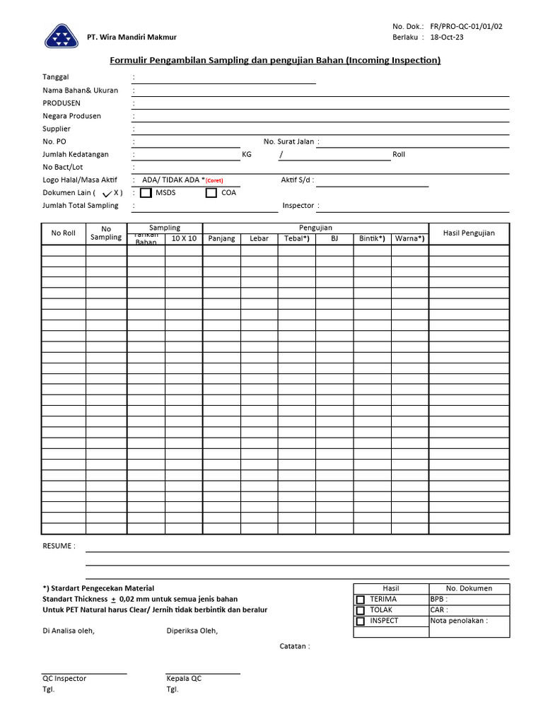 Formulir QC Pengambilan Sampling Bahan | PDF