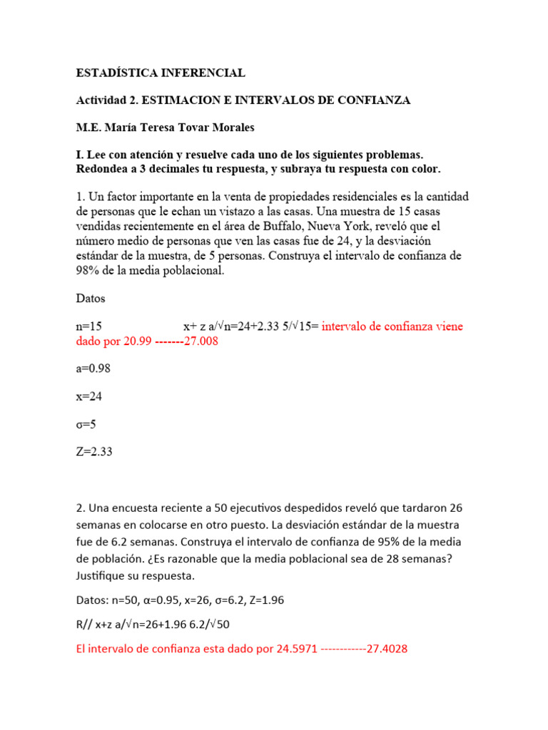 Act 2 Intervalos de Confianza | PDF | Intervalo de confianza | Desviación Estándar