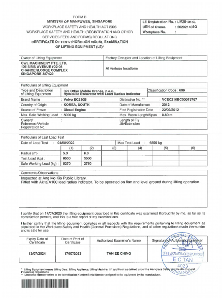 LM Exca 09 Volvo Ec210b - CWL Machinery Pte LTD | PDF