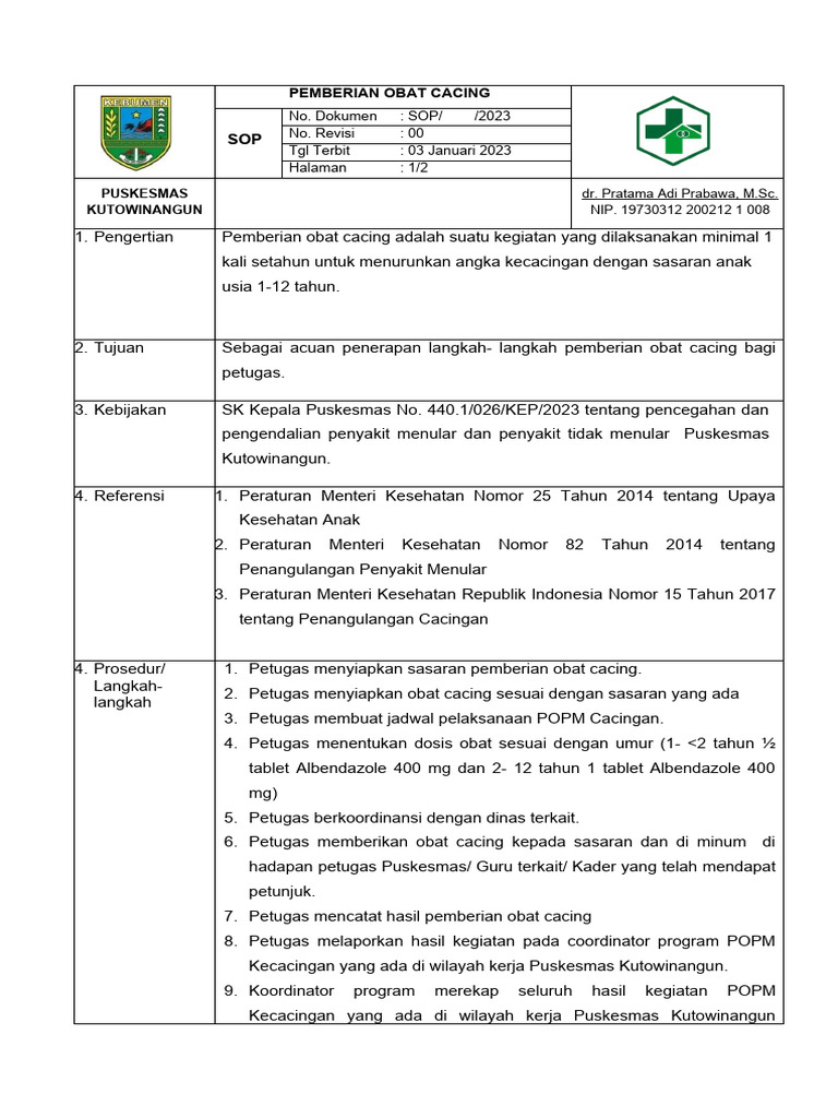 SOP Pemberian Obat Cacing TH 2023 | PDF