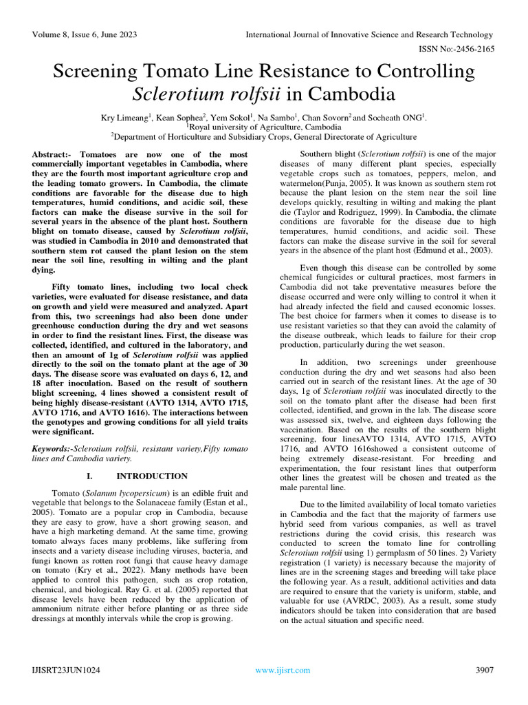 Screening Tomato Line Resistance To Controlling Sclerotium Rolfsii in ...
