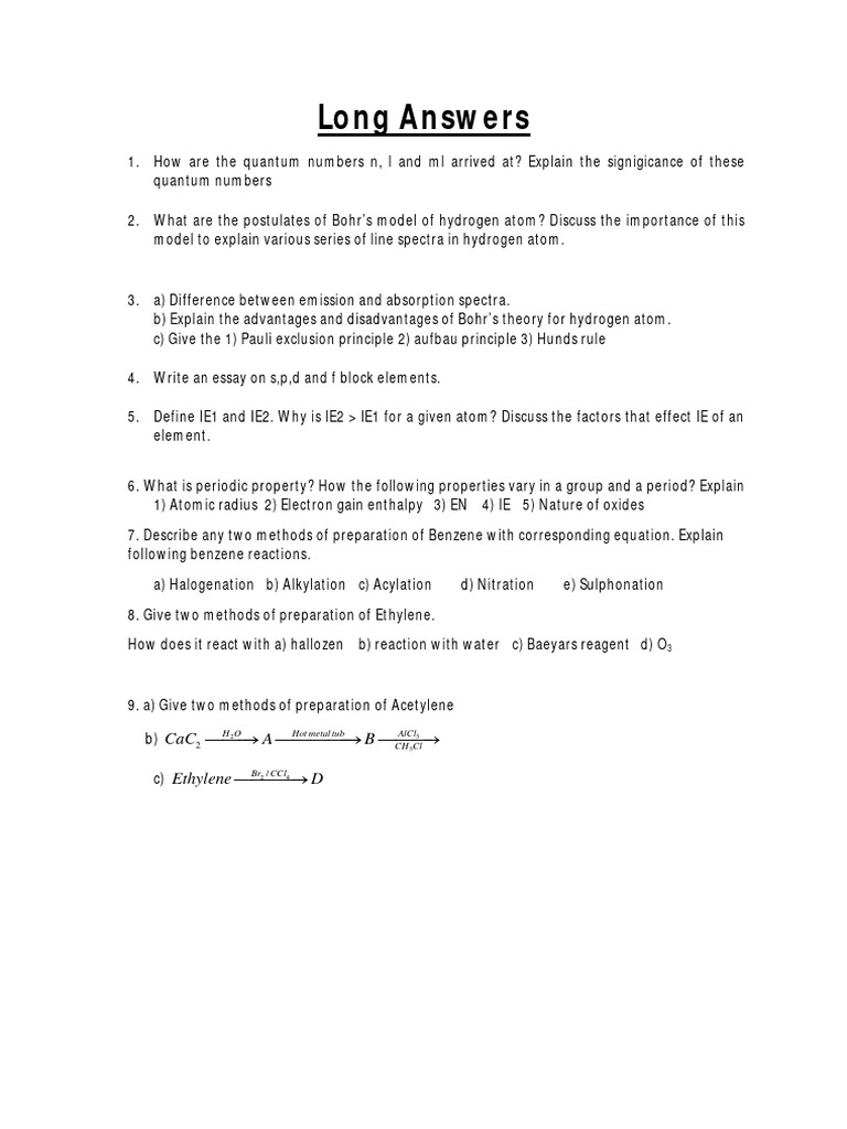 Long Answers: Cac A B Ethylene D | PDF | Gases | Hydrogen
