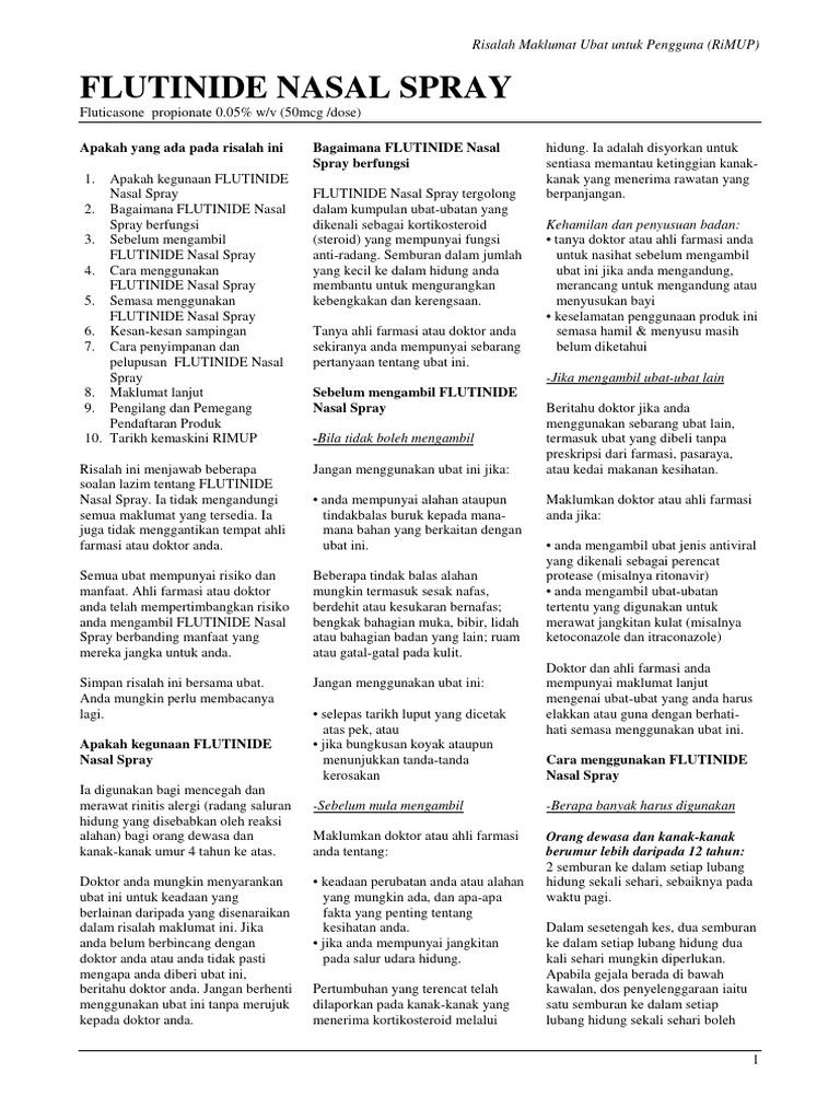 Flutinide Nasal Spray 0.05% (Fluticasone) Hoe Pharmaceuticals Sdn. Bhd ...