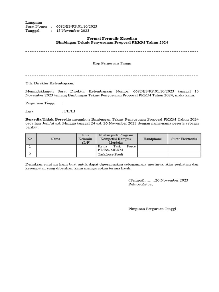 Formulir Kesediaan Bimtek PKKM LLDIKTI I | PDF