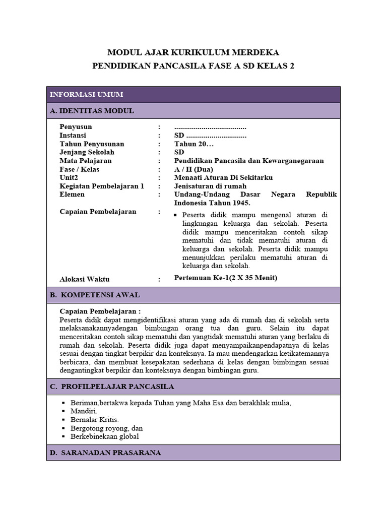 Modul Ajar PPKN Kelas 2 Unit 2 - A | PDF