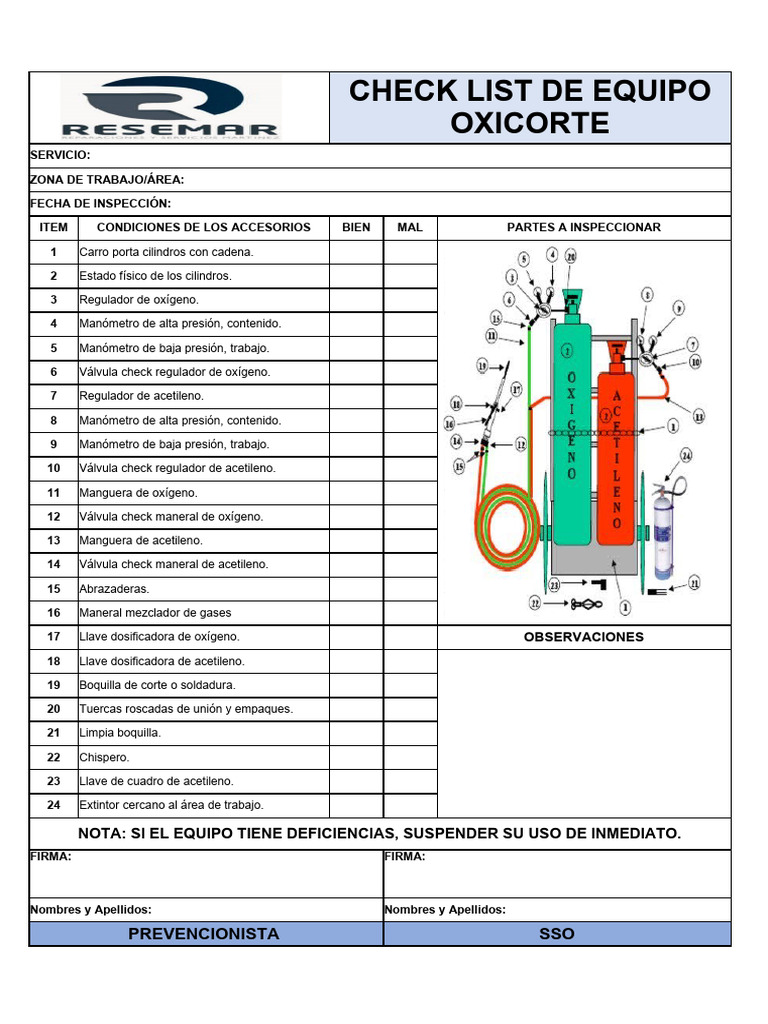 Check List de Equipo Oxicorte | PDF | Ingeniería mecánica | Química