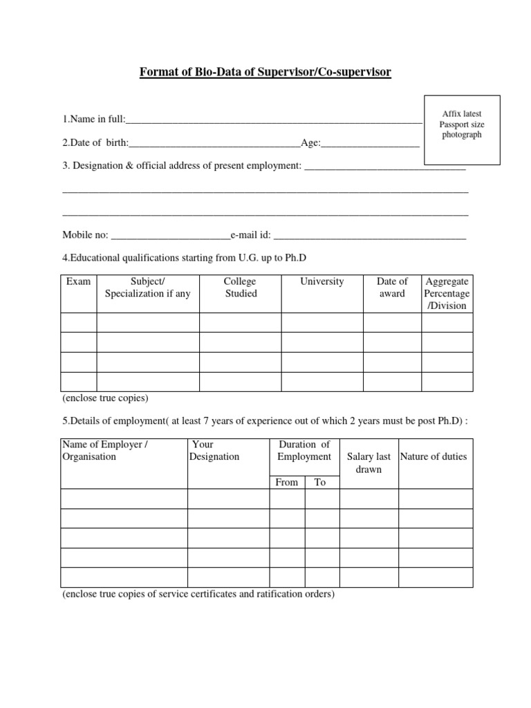 4.format of Bio-Data of Supervisor-Co-supervisor | Download Free PDF ...