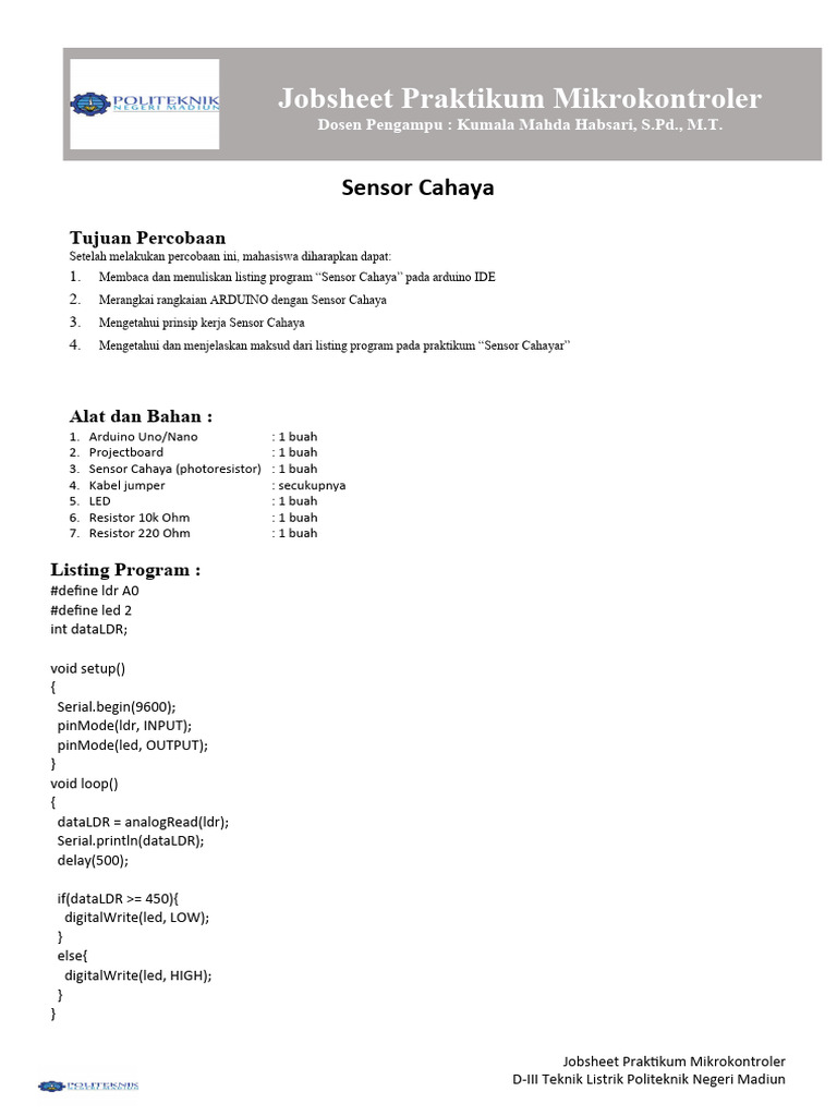 Jobsheet Sensor Cahaya | PDF | Metode & Bahan Ajar