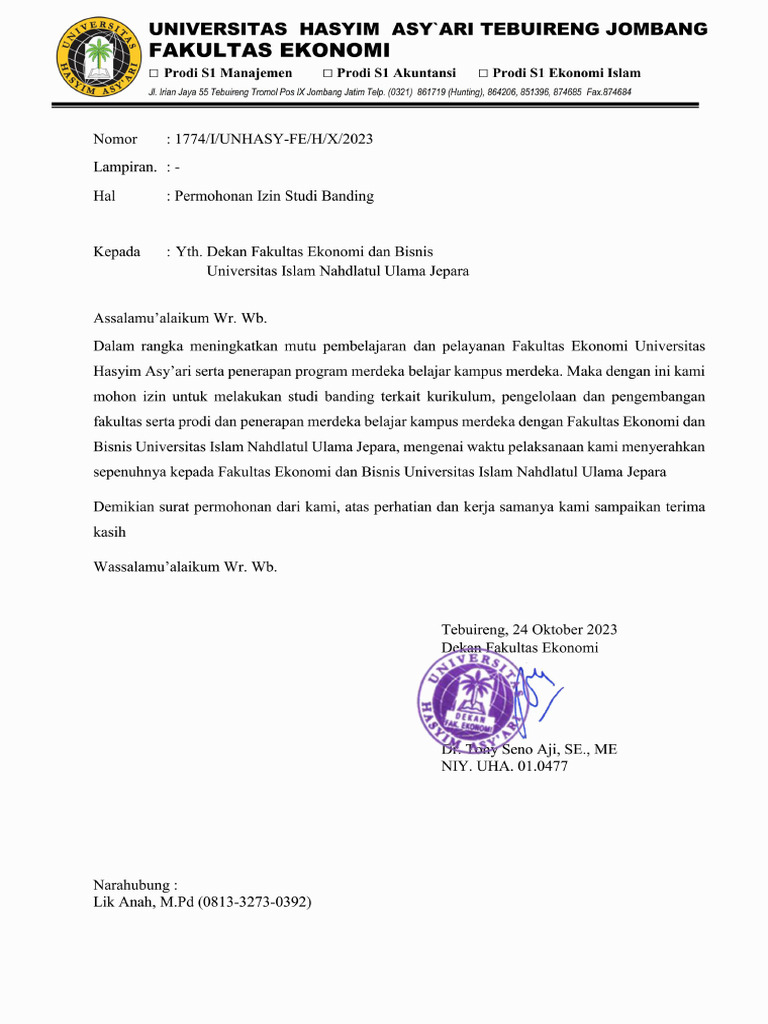 1774-FE Permohonan Studi Banding UNISNU Jepara-1 | PDF