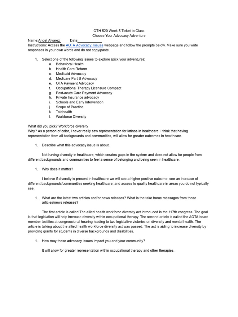 OTH 520 Week 5 Ticket To Class | PDF | Health Care | Occupational Therapy