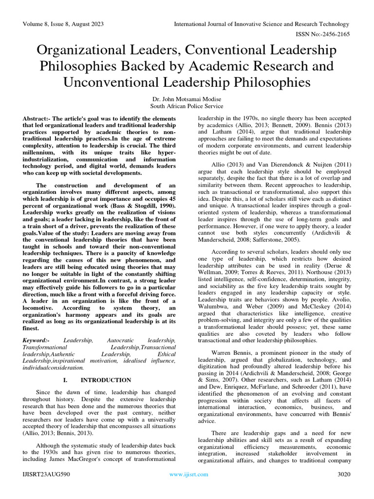 Organizational Leaders, Conventional Leadership Philosophies Backed by ...