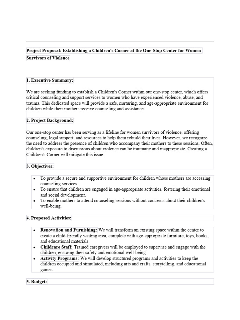 Project Proposal For Establishing A Children's Corner at The One-Stop ...