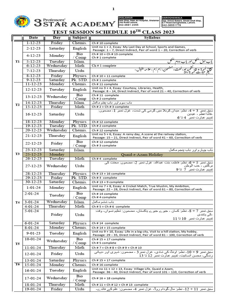 Date Sheet Tenth Class Schedule 2023 | PDF