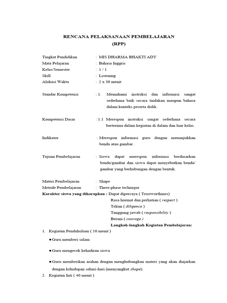 RPP Bahasa Inggris: Materi Shape Kelas 1 | PDF