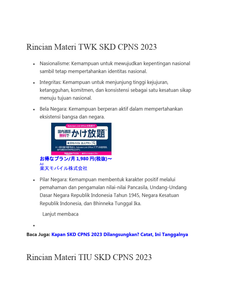 Rincian Materi TWK SKD Cpns 2023 | PDF