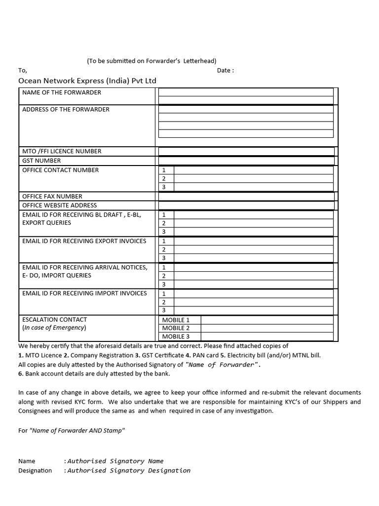 KYC FORM (Carrier) TO BE PRINTED ON FORWARDER LETTER HEAD - 1 | PDF
