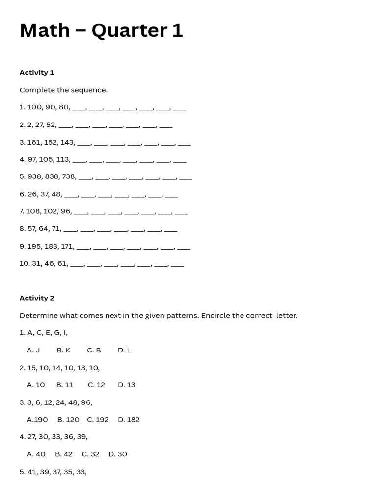 Math - Quarter 1 - 20231011 - 135937 - 0000 | PDF | Numbers | Sequence
