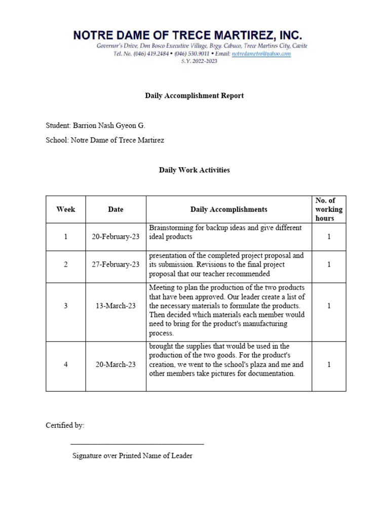 Daily Accomplishment Report NASH BARRION | PDF