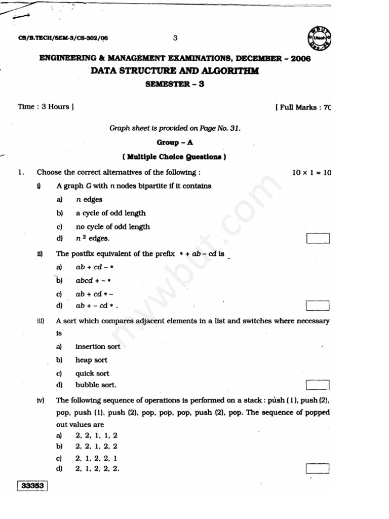 Data Structure and Algorithms (CS 302) Sample Paper 1 | PDF