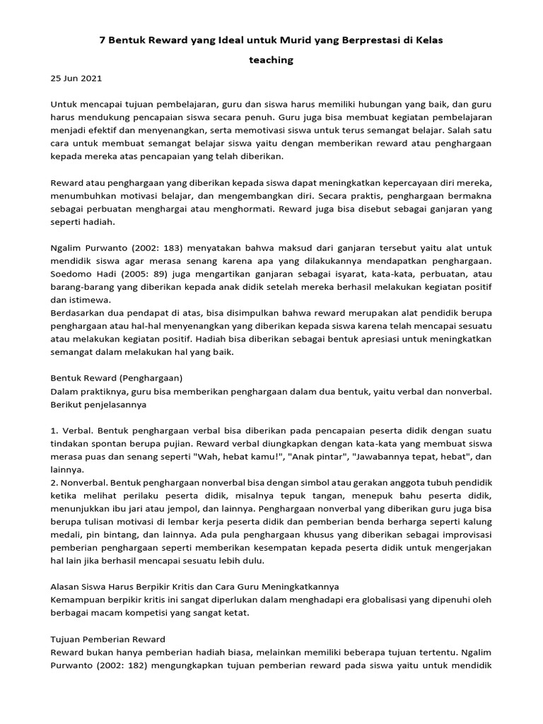 7 Bentuk Reward Yang Ideal Untuk Murid Yang Berprestasi Di Kelas | PDF