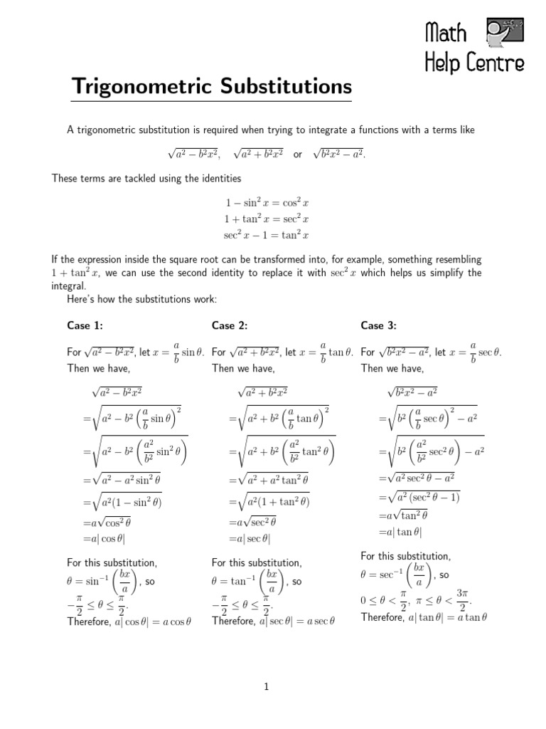 Trigonometric Substitutions | PDF | Trigonometric Functions ...