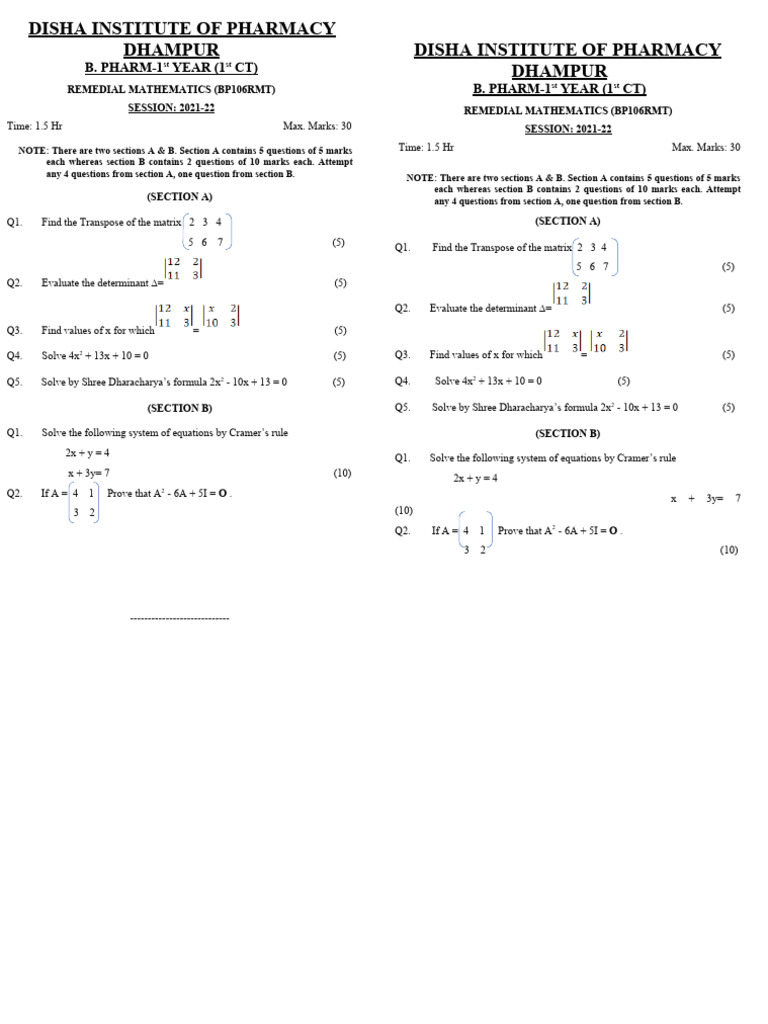 Remedial Mathematics Exam 2021-22 | PDF | Determinant | Mathematics