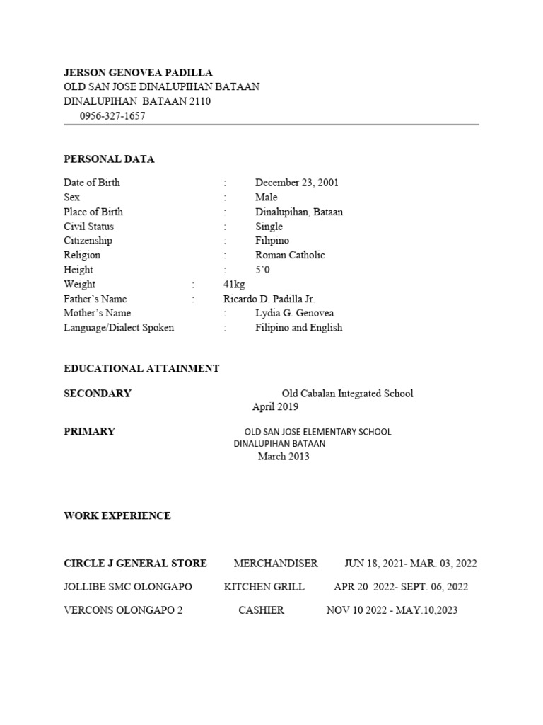 Jerson Genovea Padilla's Resume | PDF | Wellness