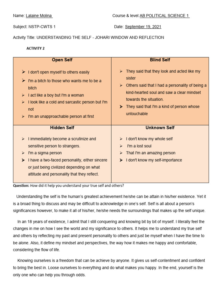 Molina Lalaine Johari Window and Reflection | PDF | Philosophy Of Self ...