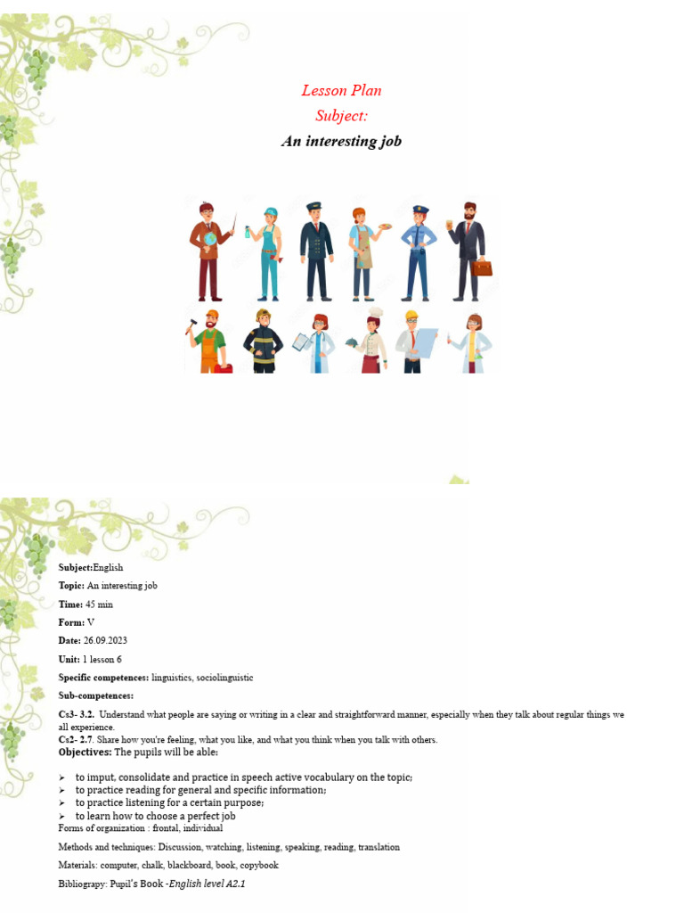 Lesson Plan Subject:: An Interesting Job | PDF | Vocabulary | Lesson Plan