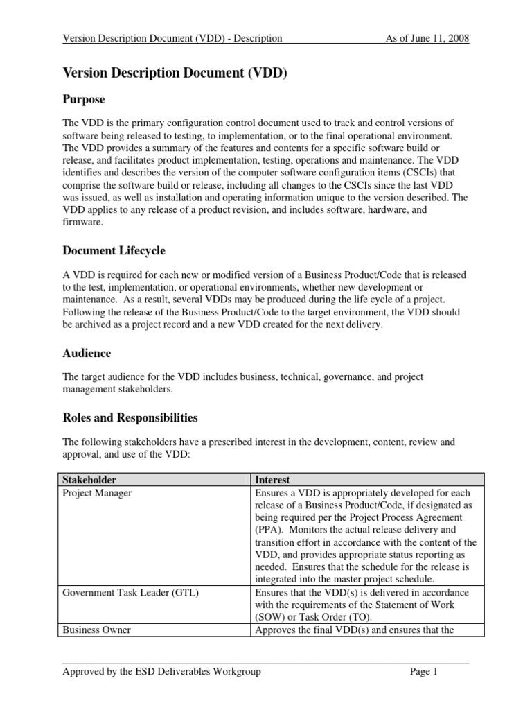 Version Description Document (VDD) : Purpose | PDF | Computing | Information Technology