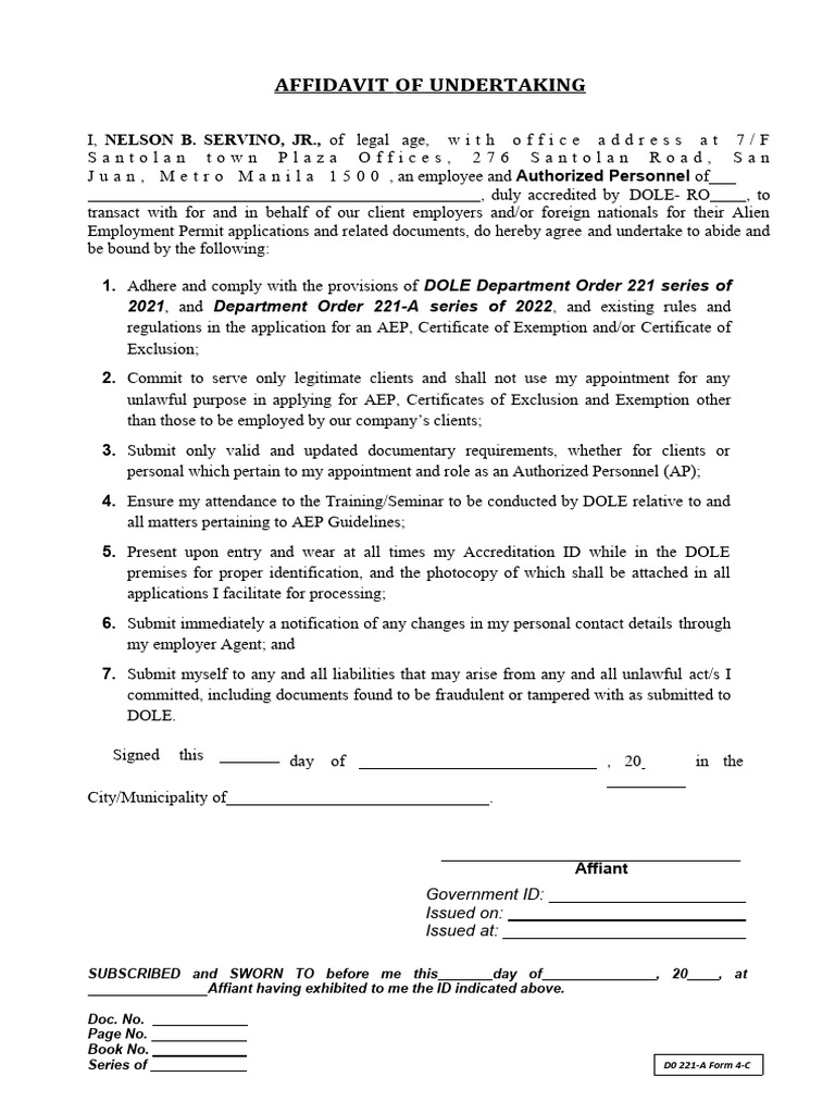 DO 221-A Affidavit of Undertaking Template | PDF | Affidavit | Justice