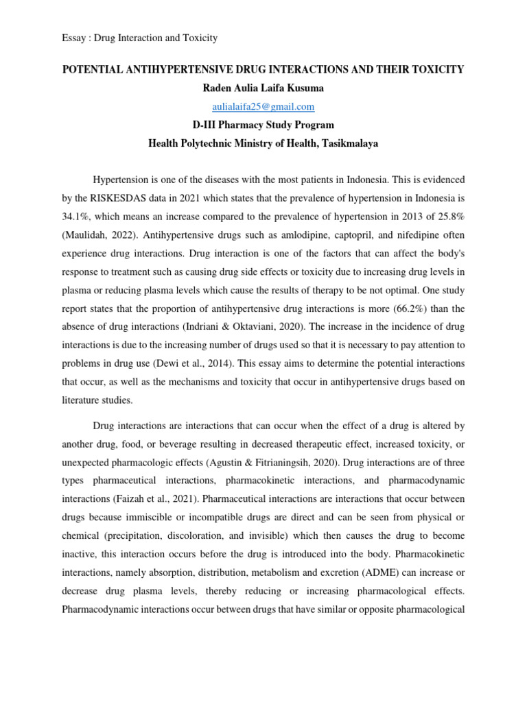 Essay: Potential Antihypertensive Drug Interactions and Their Toxicity | PDF | Pharmacokinetics ...