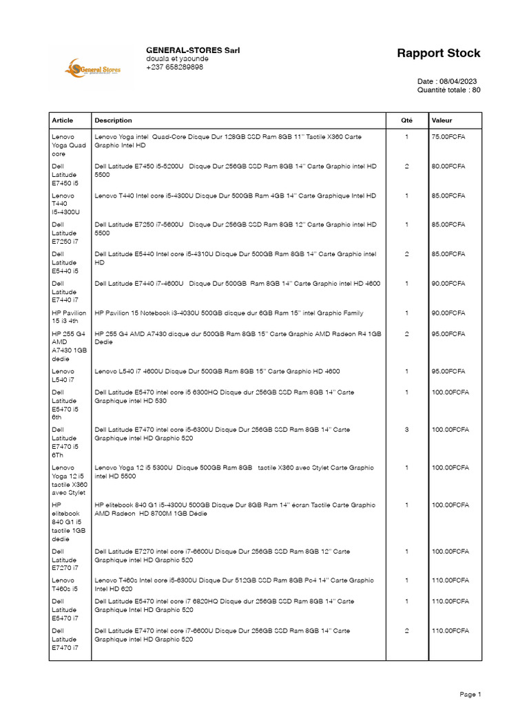GENERAL-STORES Sarl Rapport Stock Douala Bepanda 5-08,2023 | PDF | Matériel informatique ...