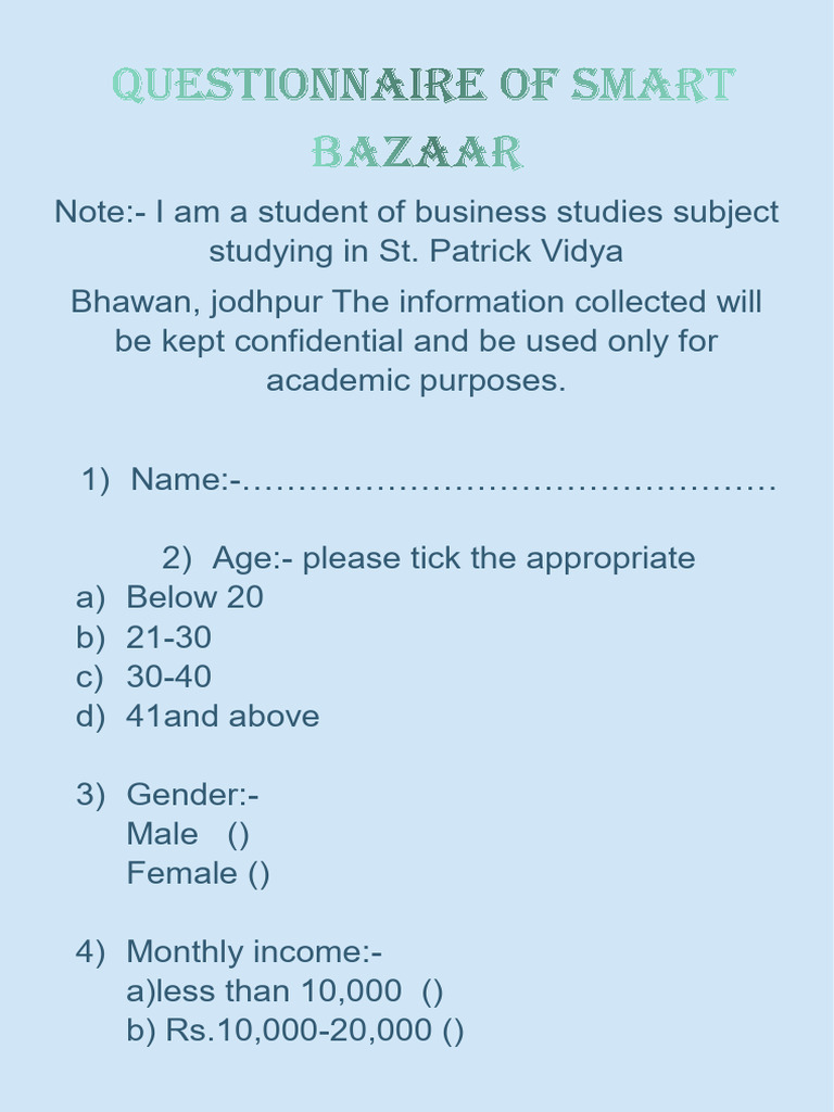 Smart Bazaar Customer Survey Questionnaire | PDF | Career & Growth ...