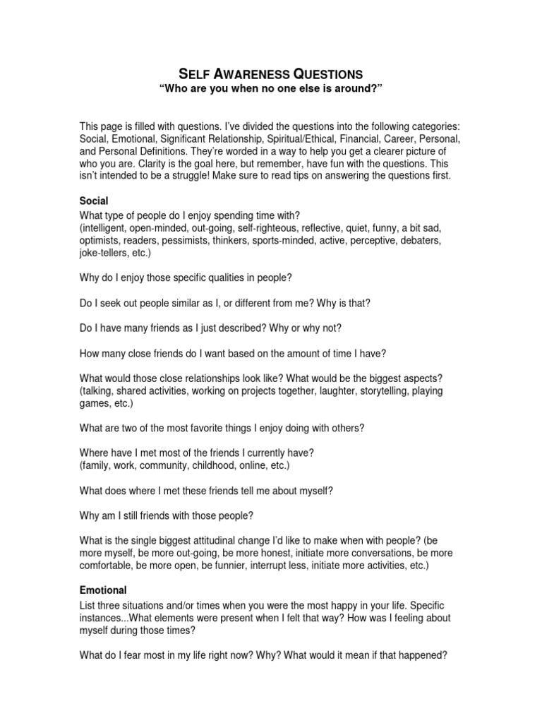 Self Awareness Questions | PDF | Definition | Love