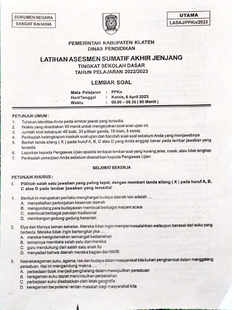 Soal Asesmen Sumatif Kelas 4 Mapel Ppkn Pdf - EmriDev
