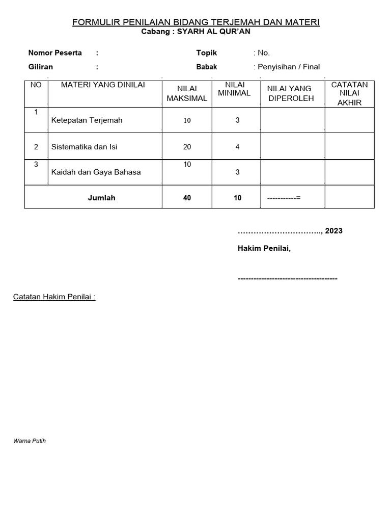 Formulir Penilaian Bidang Syarhil Quran Untuk MTQ | PDF Formulir Penilaian Bidang Syarhil Quran Untuk MTQ | PDF