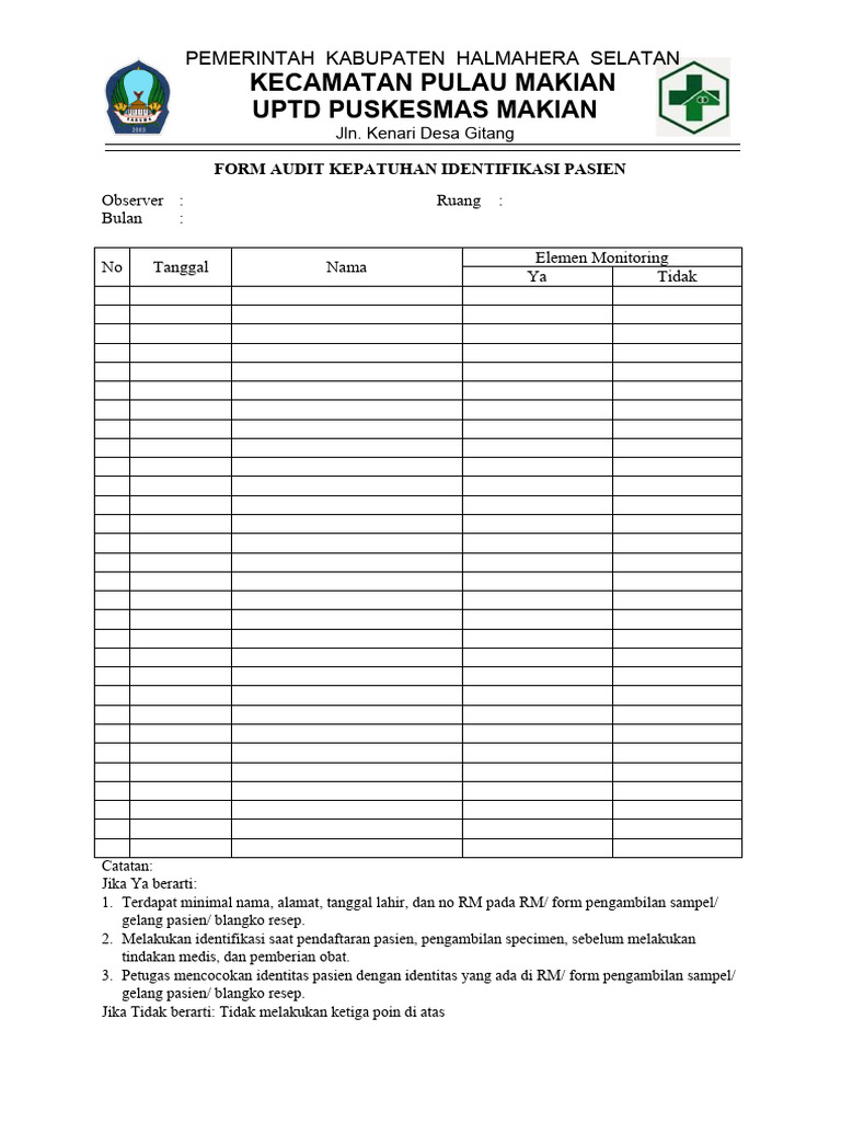 Form Audit Kepatuhan Identifikasi Pasien-1 | PDF Form Audit Kepatuhan Identifikasi Pasien-1 | PDF
