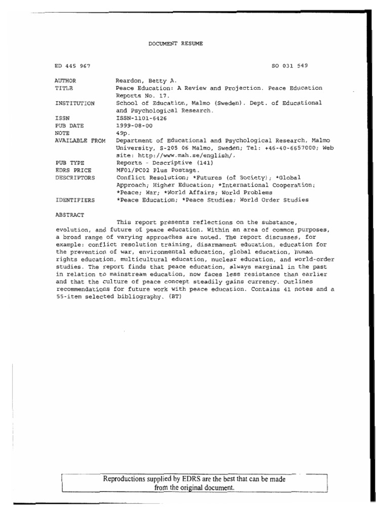 Betty Reardon Peace Education A Review and Projection1 | PDF